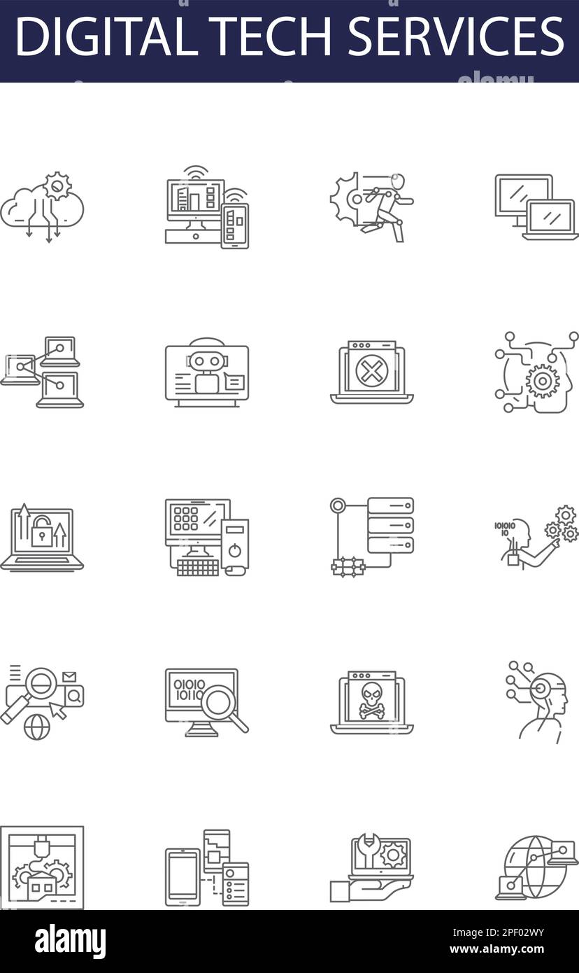 Digital tech services line vector icons and signs. Tech, Services, Cloud, Computing, IT ...