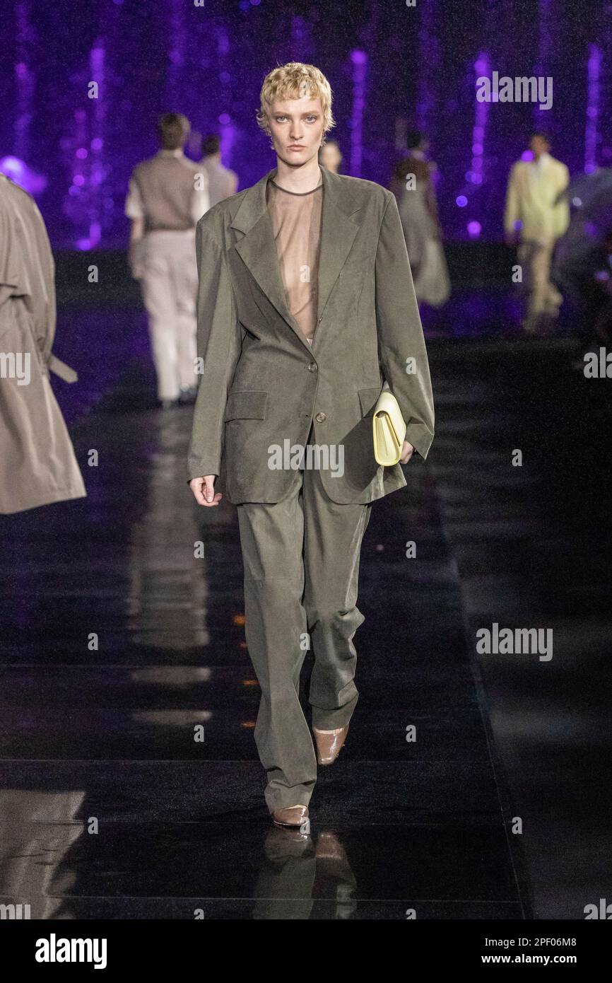 A model walks on the runway at the Hugo Boss fashion show during the ...