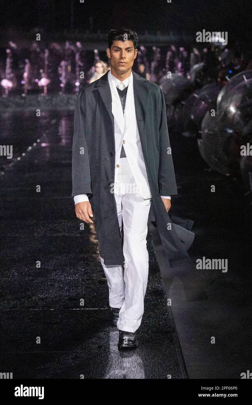 A model walks on the runway at the Hugo Boss fashion show during the ...