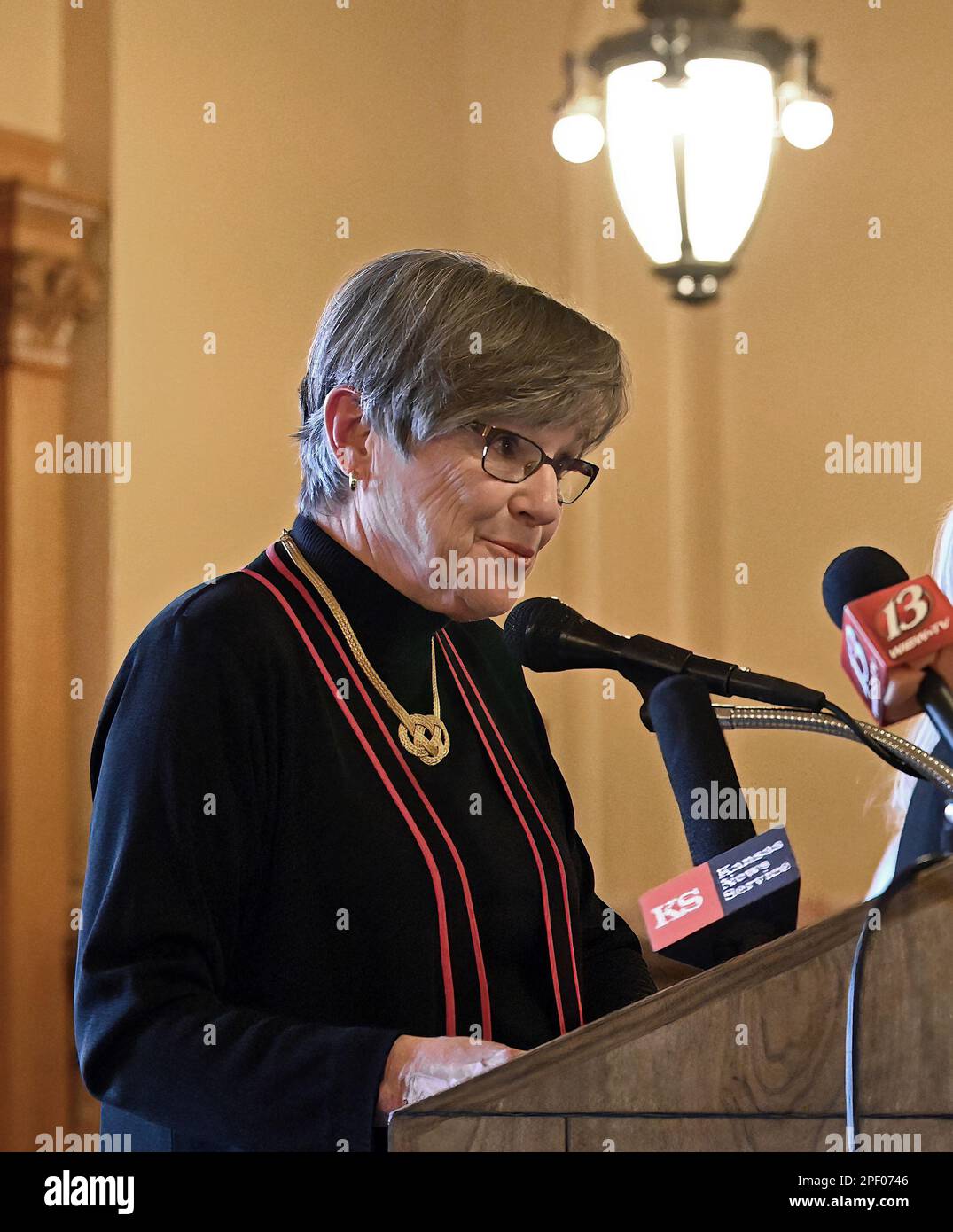 TOPEKA, KANSAS - MARCH 15, 2023 Governor Laura Kelly speaking to the ...
