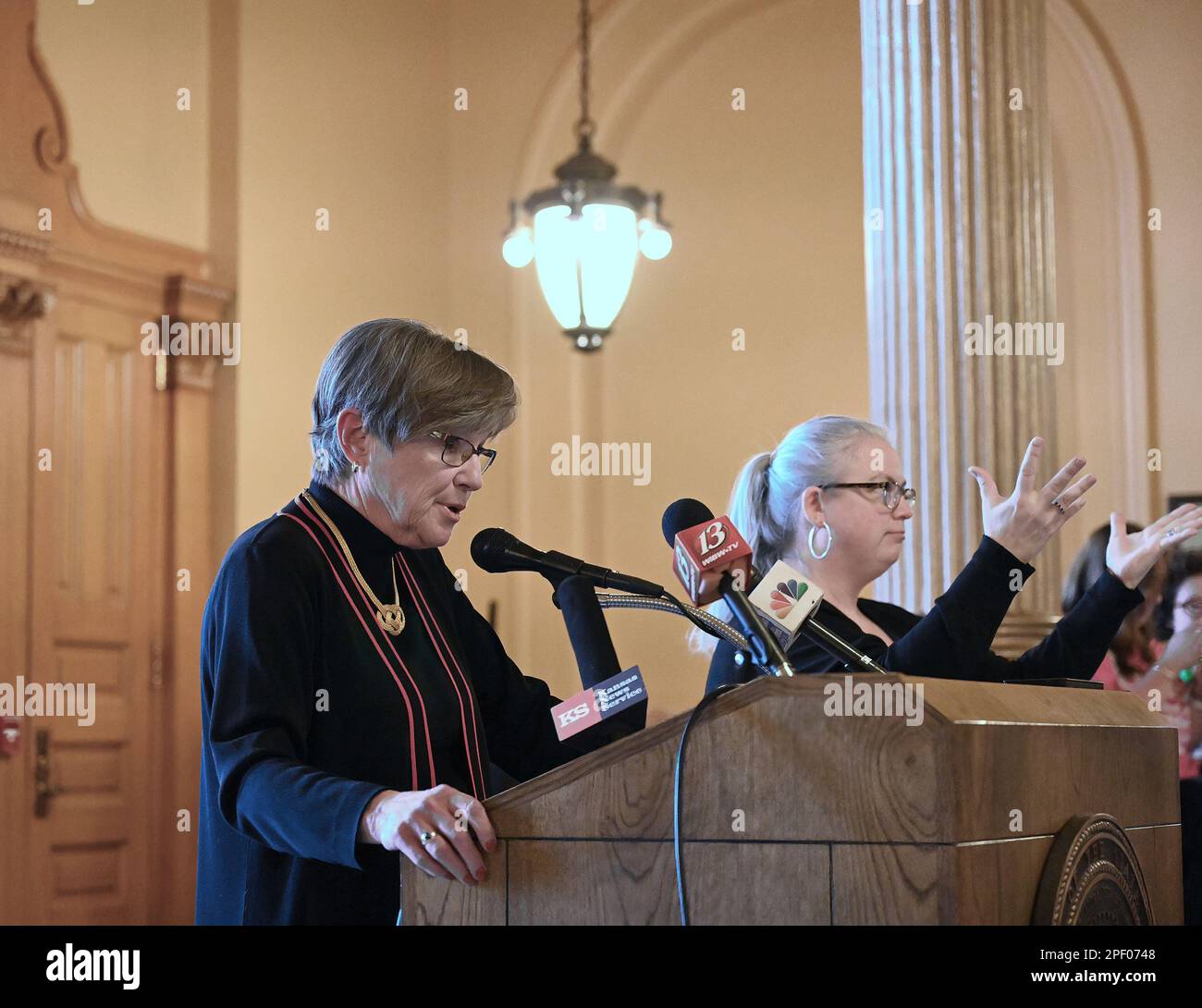 TOPEKA, KANSAS - MARCH 15, 2023 Governor Laura Kelly speaking to the ...