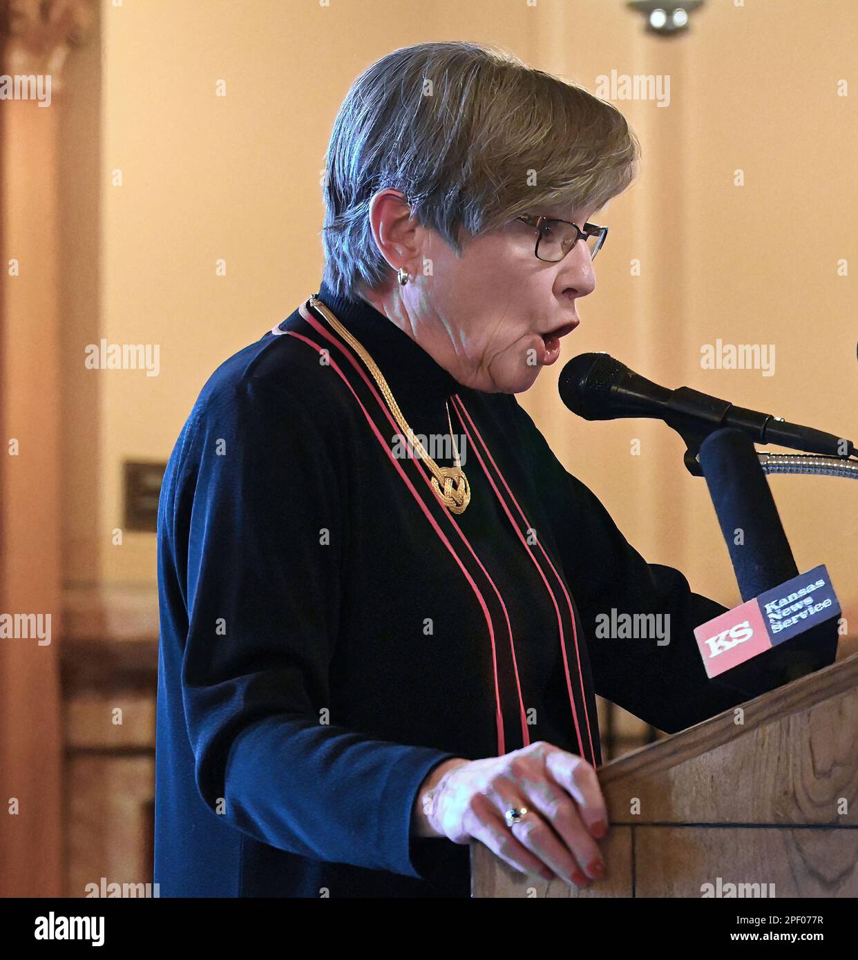 TOPEKA, KANSAS - MARCH 15, 2023 Governor Laura Kelly speaking to the ...