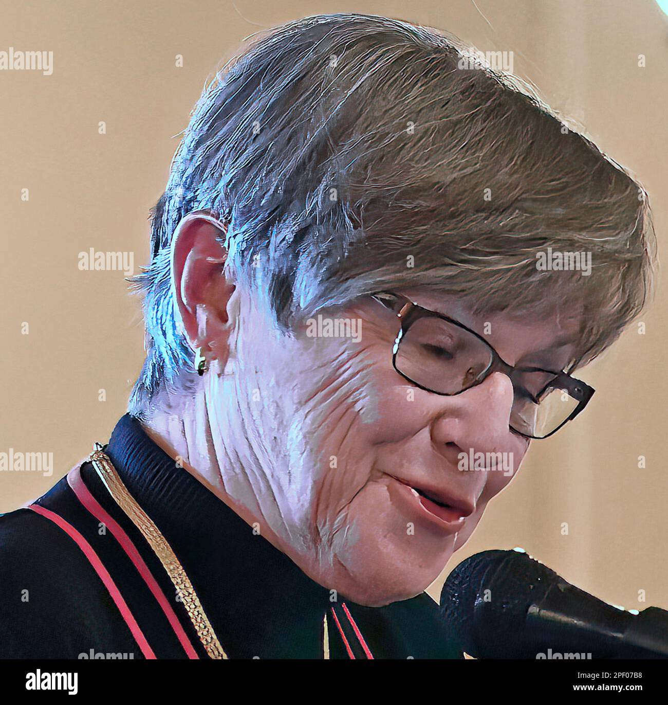 TOPEKA, KANSAS - MARCH 15, 2023 Governor Laura Kelly speaking to the ...