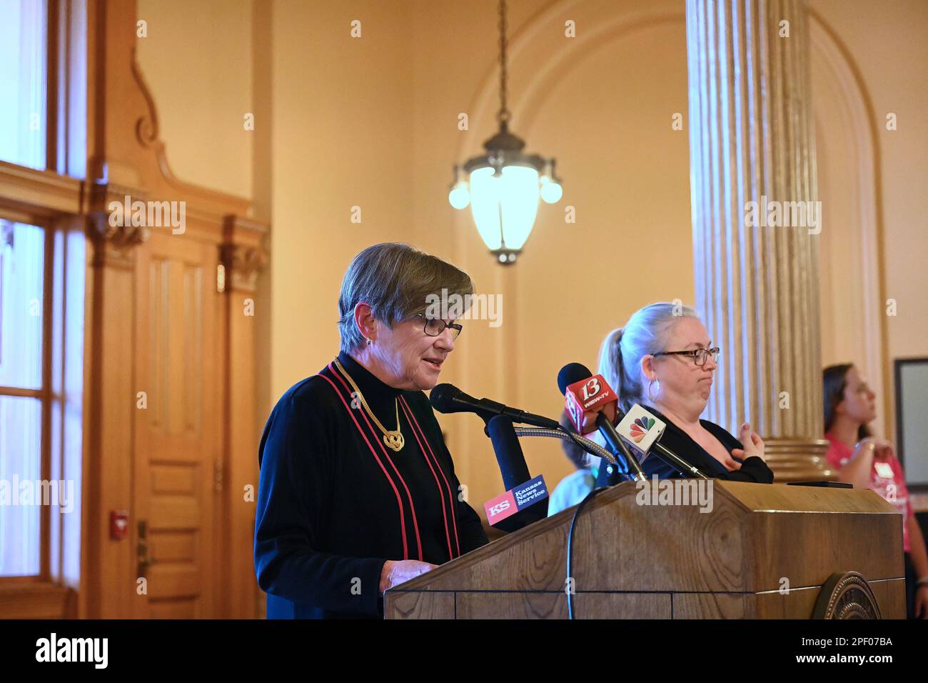 TOPEKA, KANSAS - MARCH 15, 2023 Governor Laura Kelly speaking to the ...