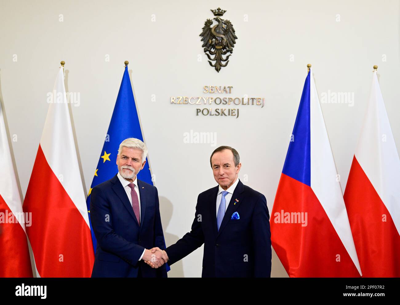 Warsaw, Poland. 16th Mar, 2023. Czech President Petr Pavel, left, meets Polish Senate Chairman ...
