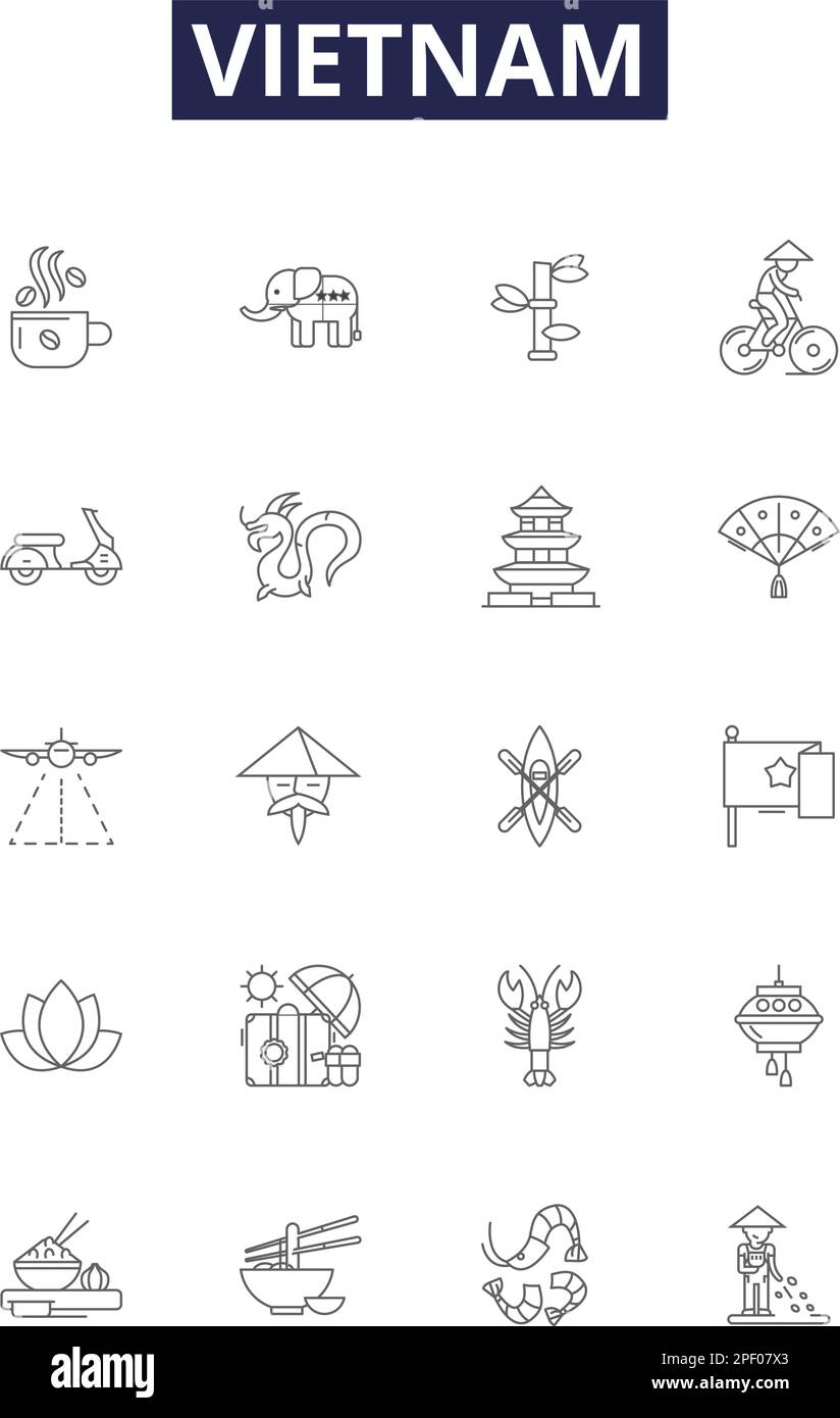Vietnam line vector icons and signs. Saigon, Hanoi, Mekong, Ho Chi Minh ...