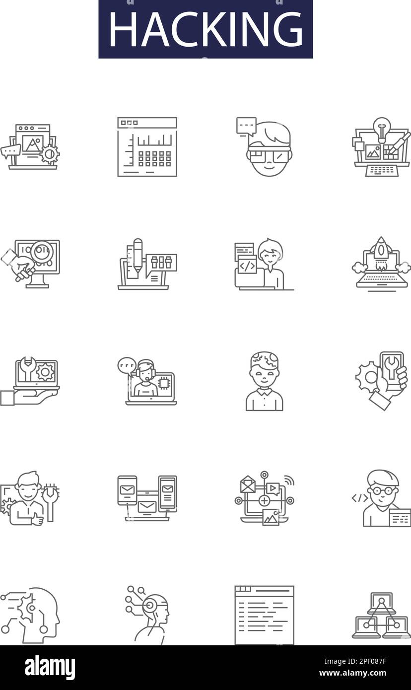 Hacking line vector icons and signs. data, computer, technology, attack, security, hack, virus ...