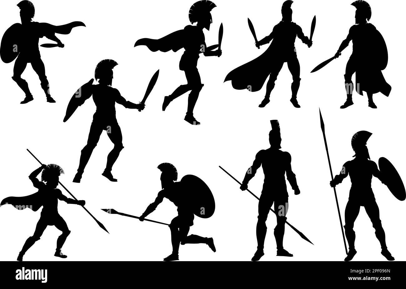 Spartan Silhouette Gladiator Trojan Warrior Set Stock Vector Image ...