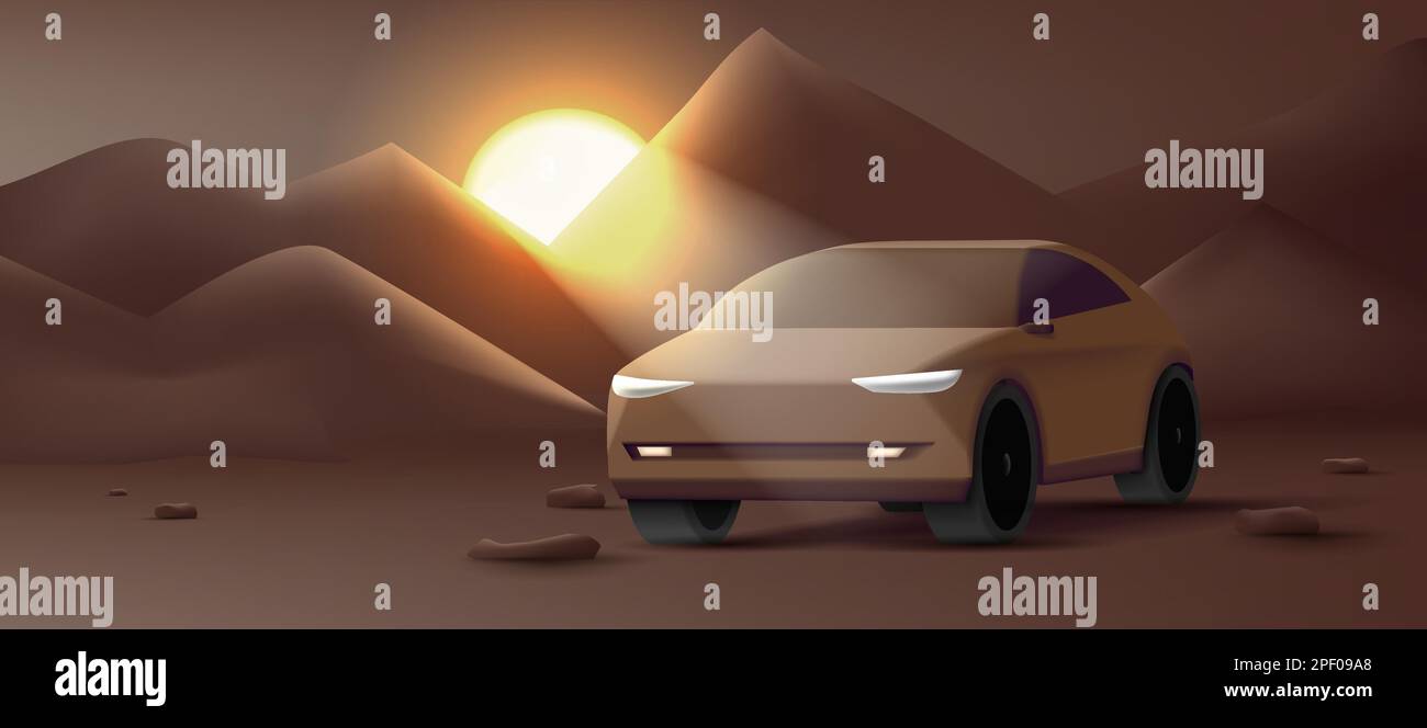 Modern SUV car 3d vector illustration on desert sand mountains ...