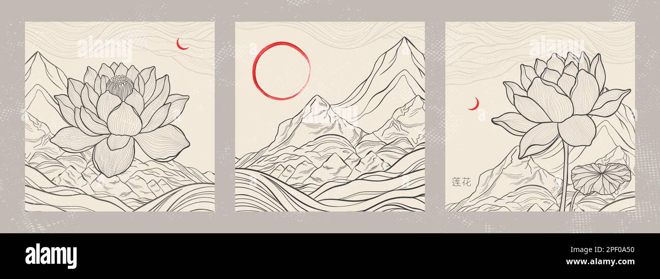 Freehand of a lotus with thin graceful lines against a mountain ...