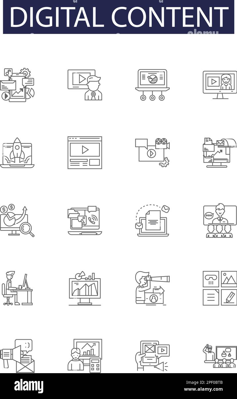 Digital content line vector icons and signs. Content, Multimedia, Online, Technology, Video ...