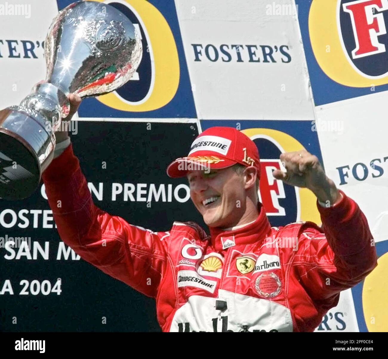 Germanys Michael Schumacher Celebrates On The Podium After Winning The