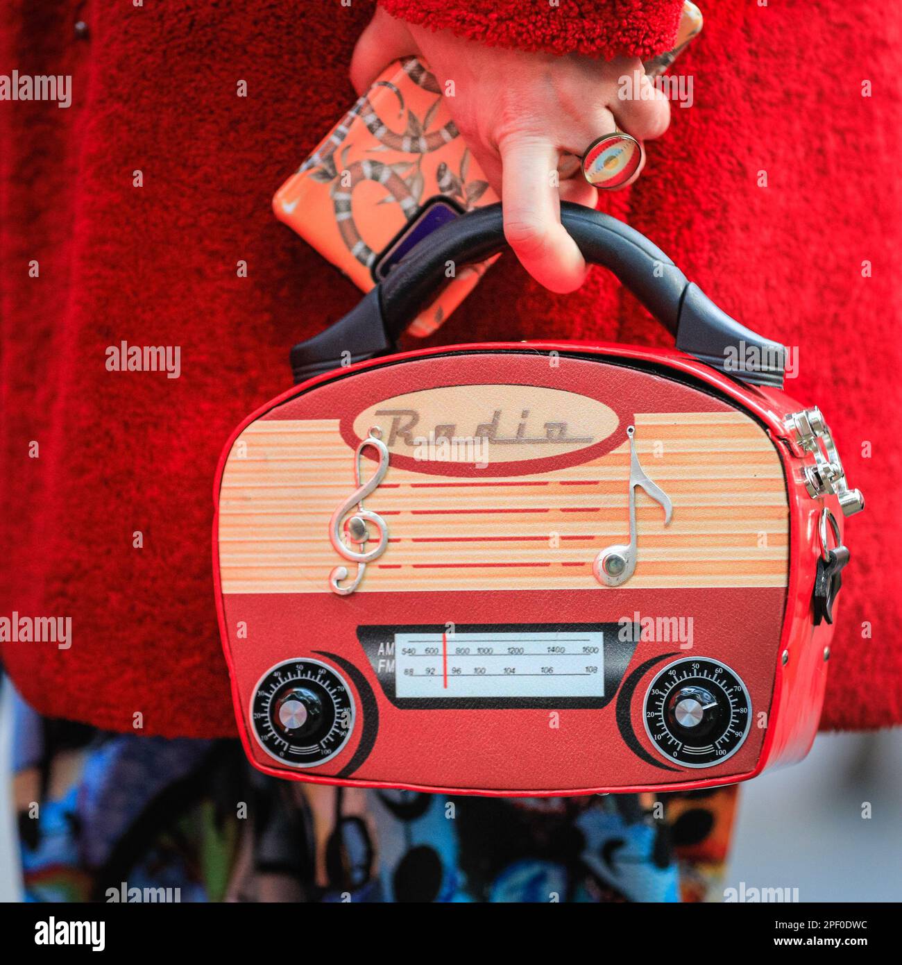 London, UK. 15th Mar, 2023. Detail shot of a pretty radio-handbag ...