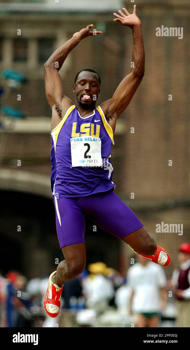 Louisiana State's John Moffit flies through the air on his way to his ...