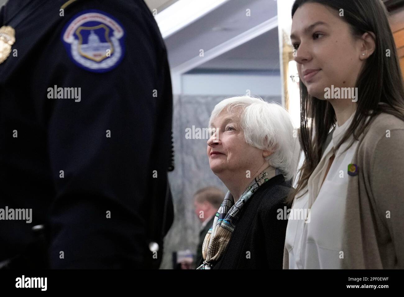 Treasury Secretary Janet Yellen, center, arrives in the Dirksen Senate ...