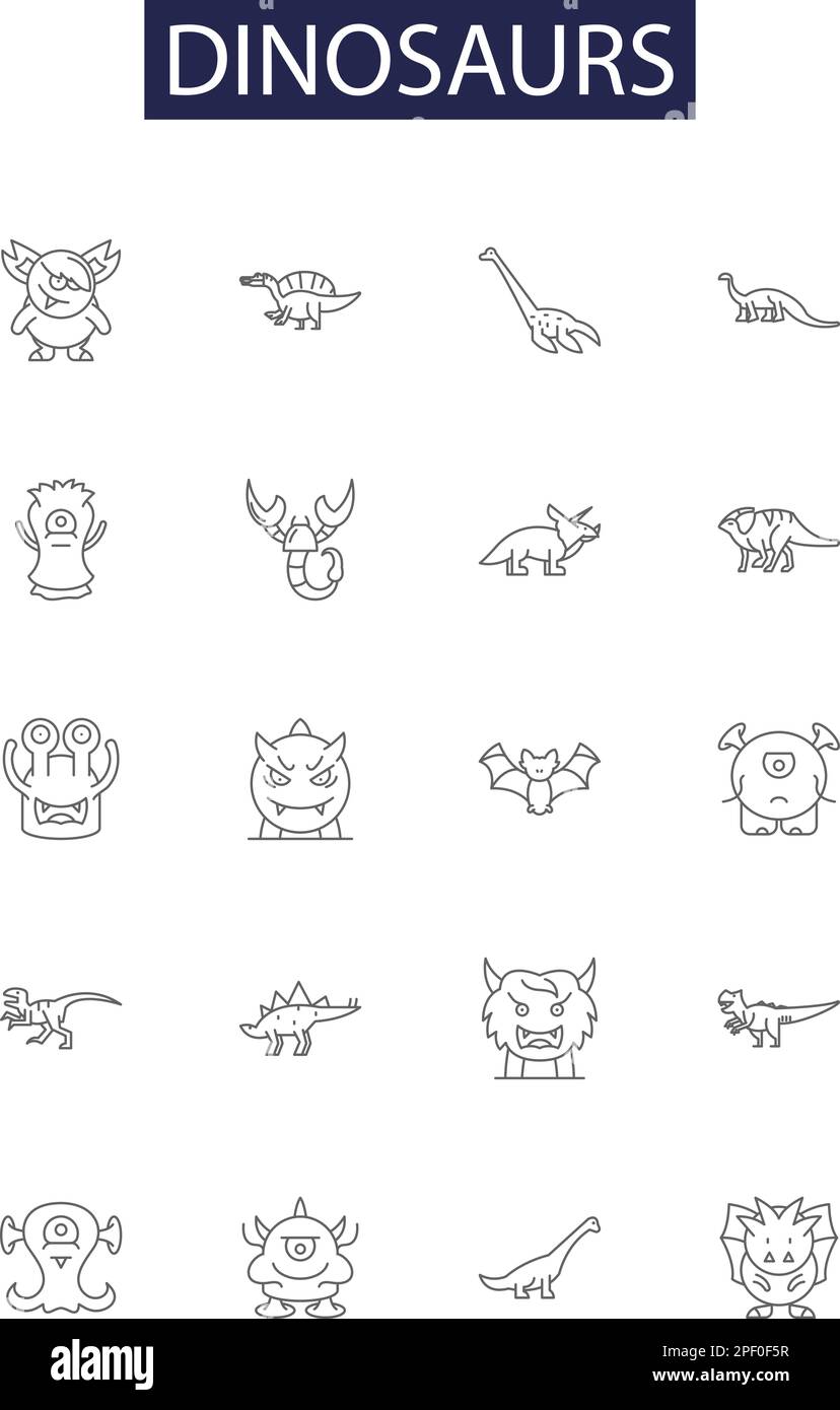 Dinosaurs line vector icons and signs. Reptiles, Fossils, Raptors, Pterosaurs, Brontosaurus ...