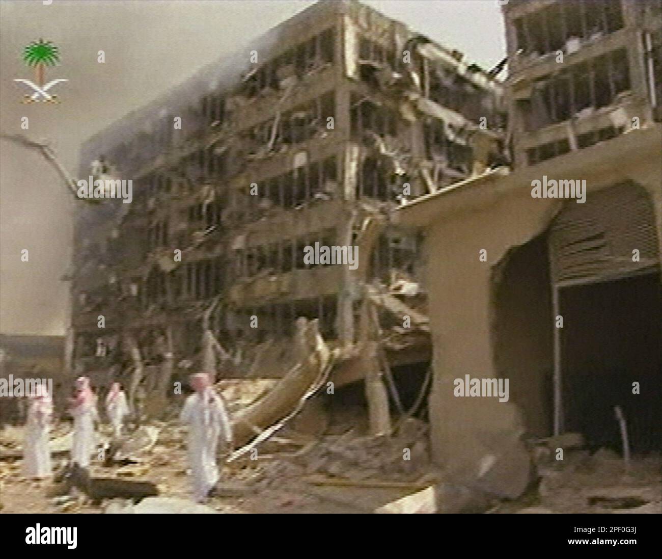 A view taken from Saudi TV of an unidentified building destroyed by an ...