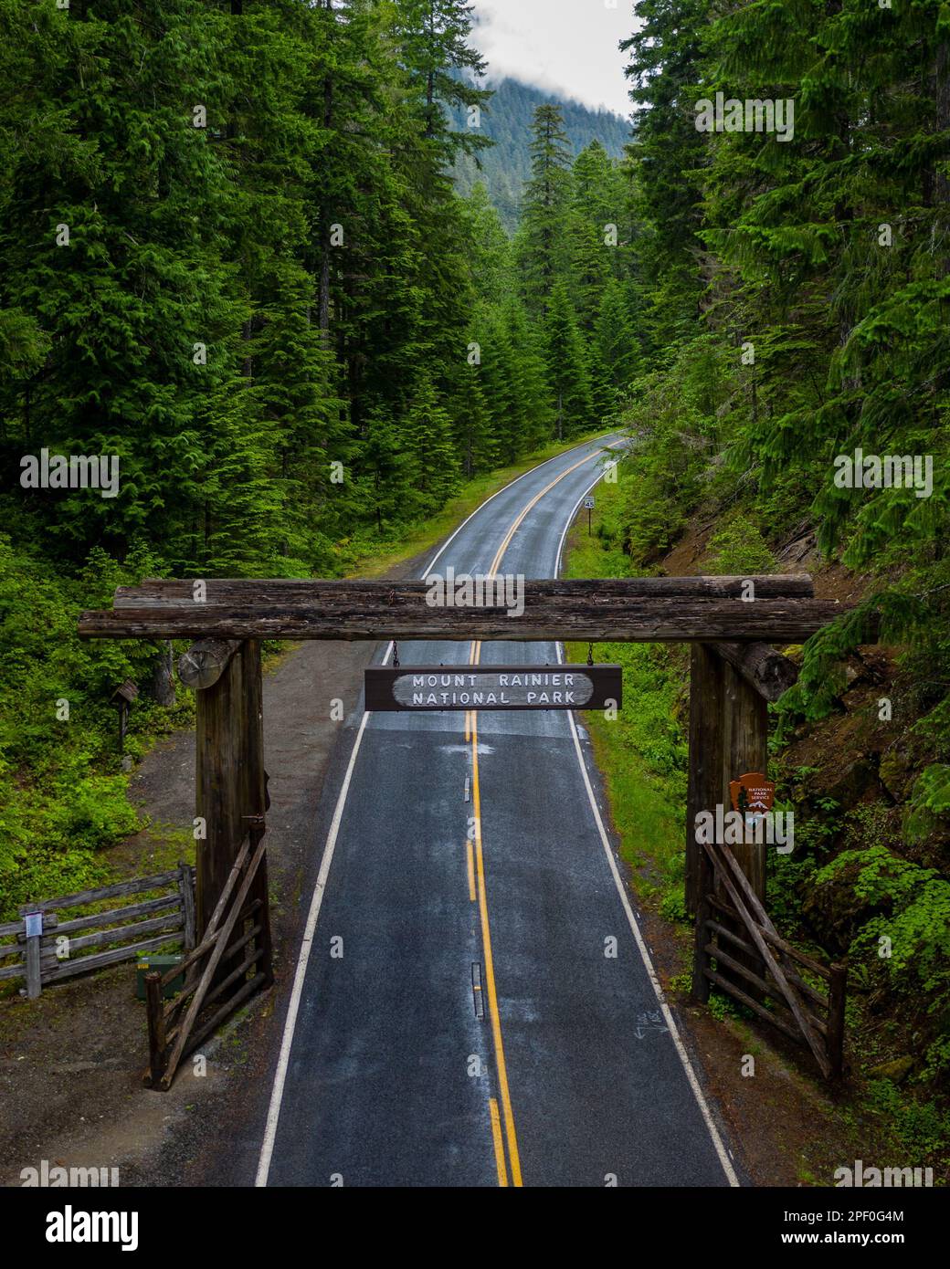 Aerial View of Mount Rainier National Park Welcome Sign on Beautiful ...