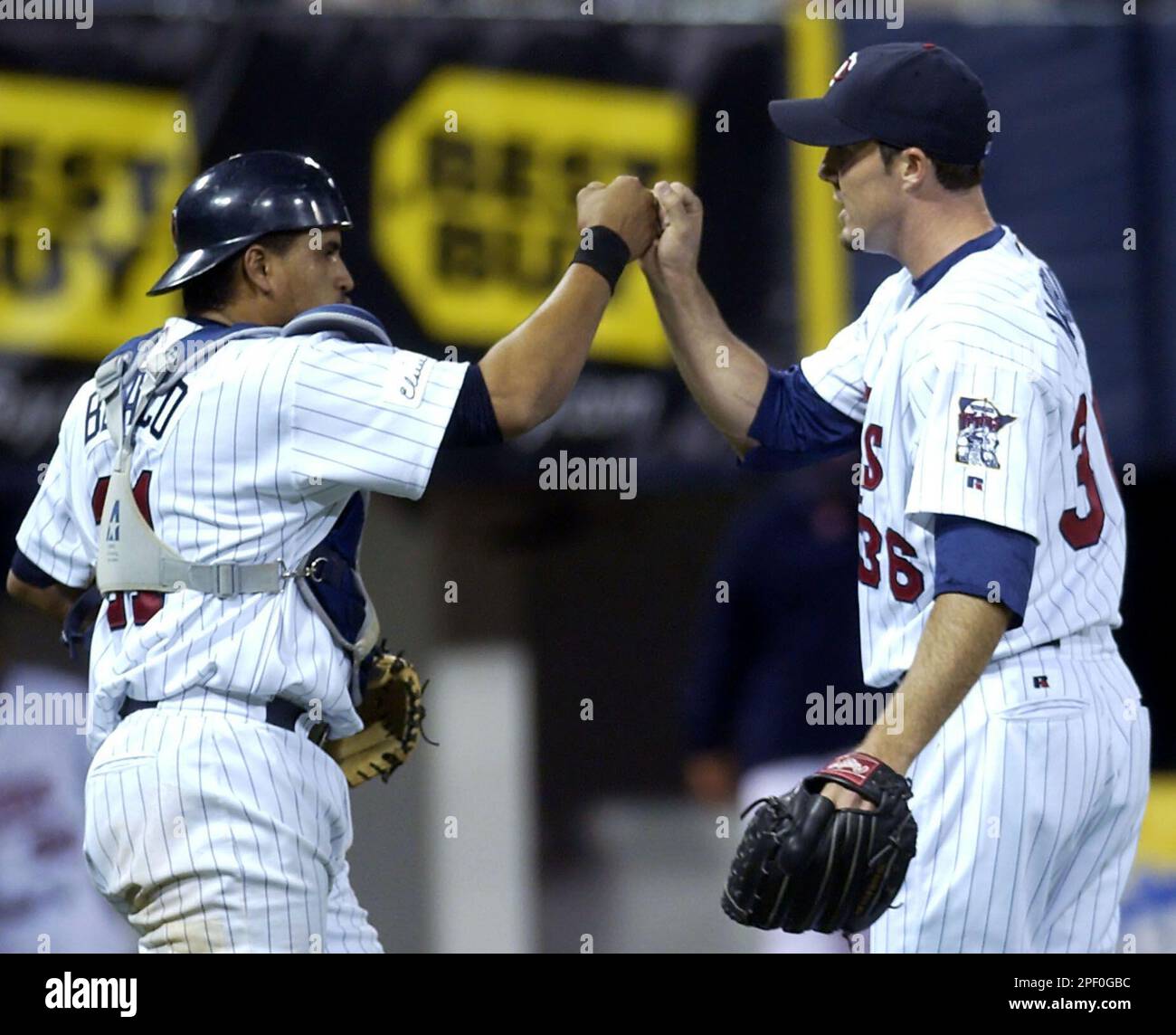 Minnesota Twins closing pitcher Joe Nathan, right, and catcher Henry ...