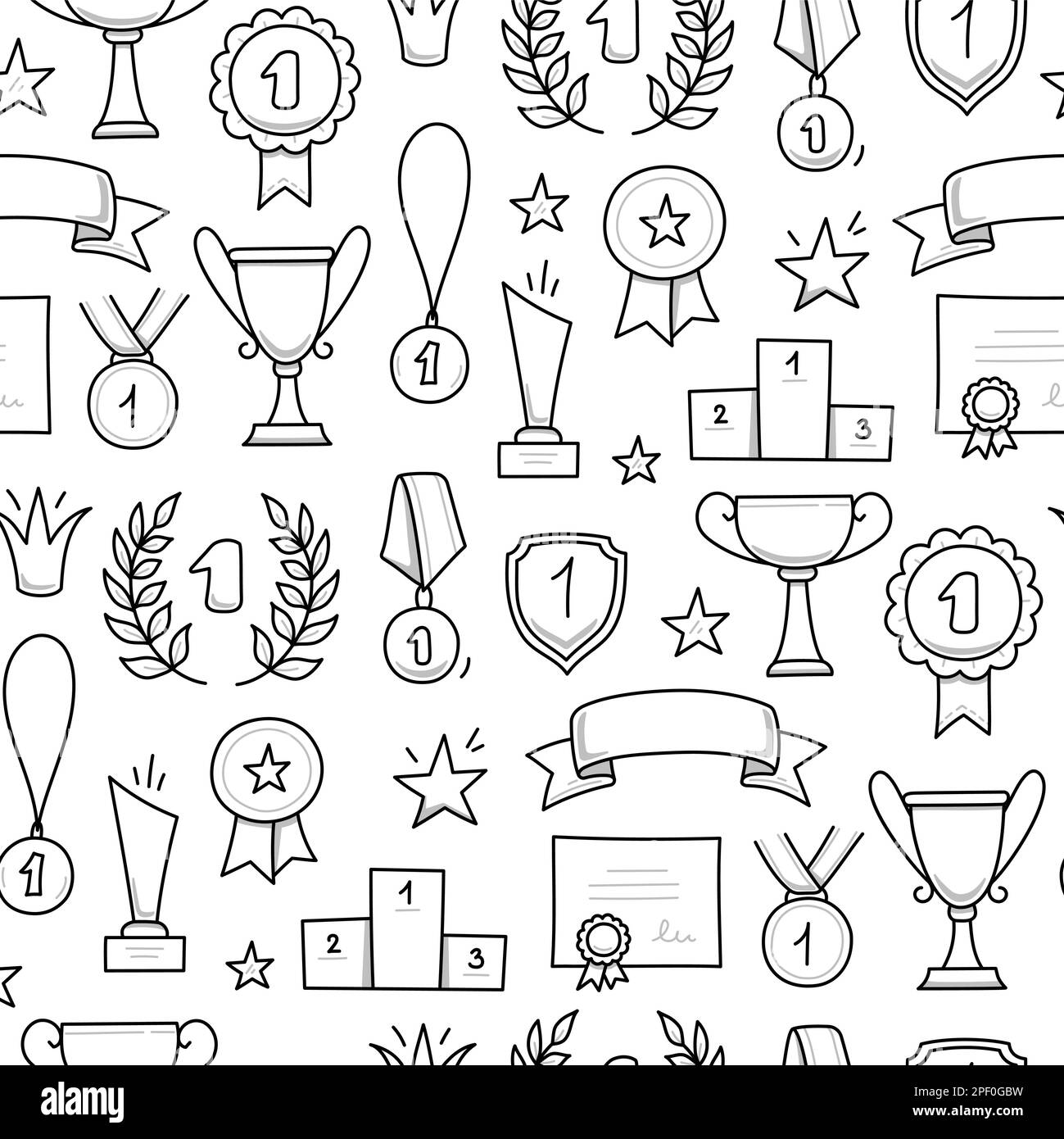 Award doodle hand drawn seamless pattern. Winner trophy cup, champion ...