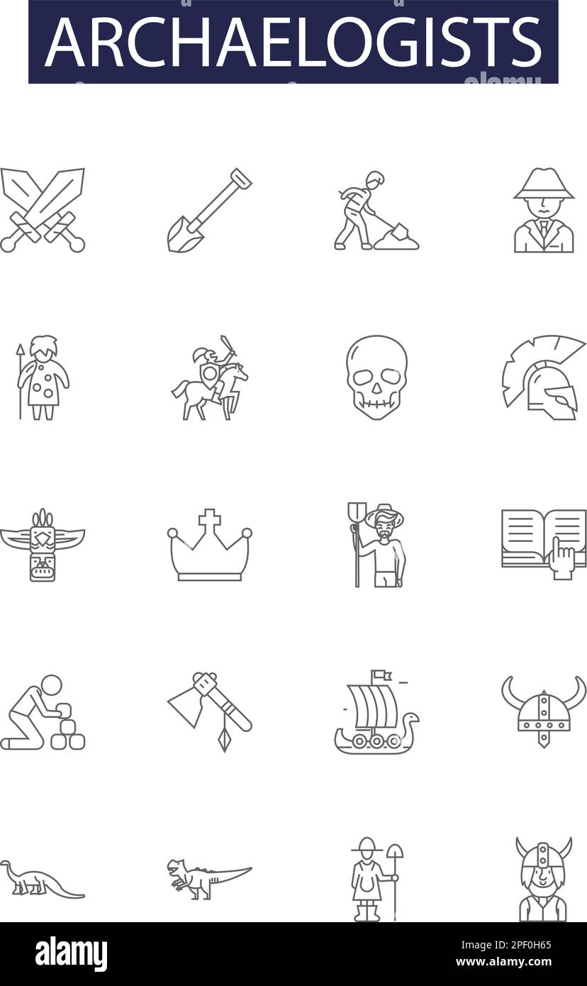 Archaelogists line vector icons and signs. Fossil, Dig, Discovery ...
