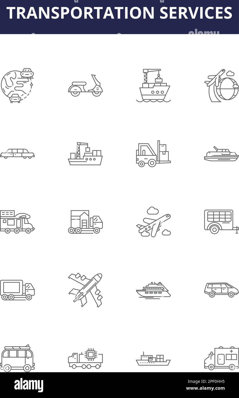 Transportation services line vector icons and signs. Trains, Boats ...