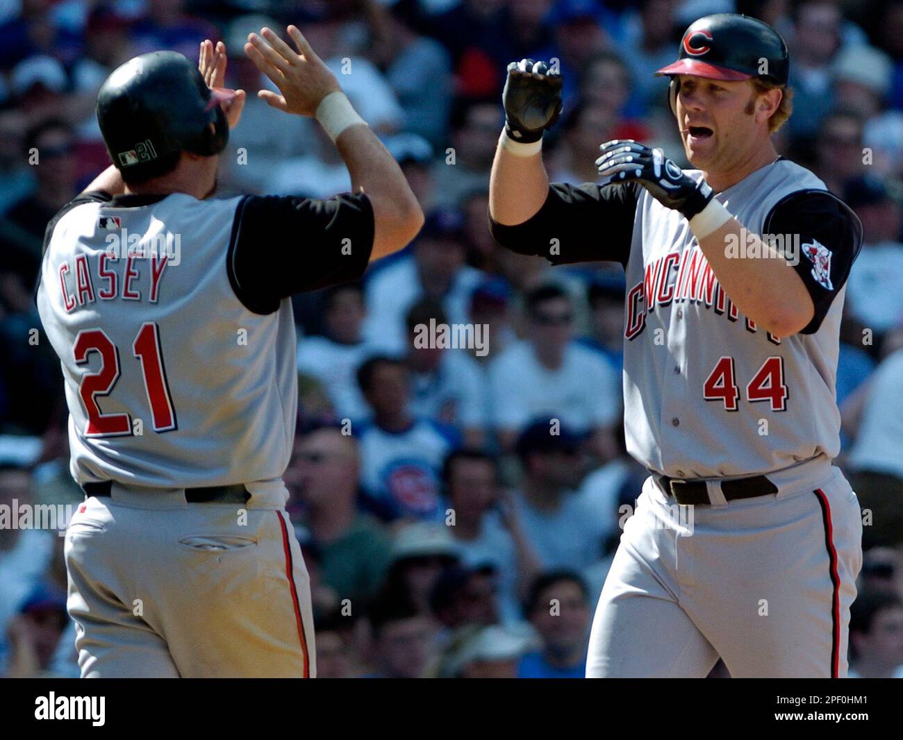 Cincinnati Reds' Adam Dunn (44) is congratulated by teammate Sean Casey ...