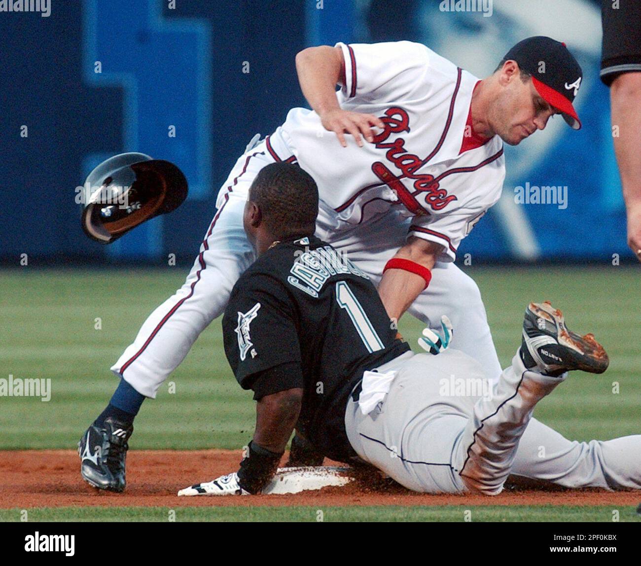 Florida Marlins' Luis Castillo (1) steals second as Atlanta Braves ...