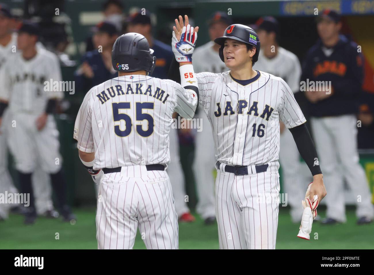 Tokyo, Japan. 16th Mar, 2023. (L to R) Munetaka Murakami, Shohei Ohtani ...