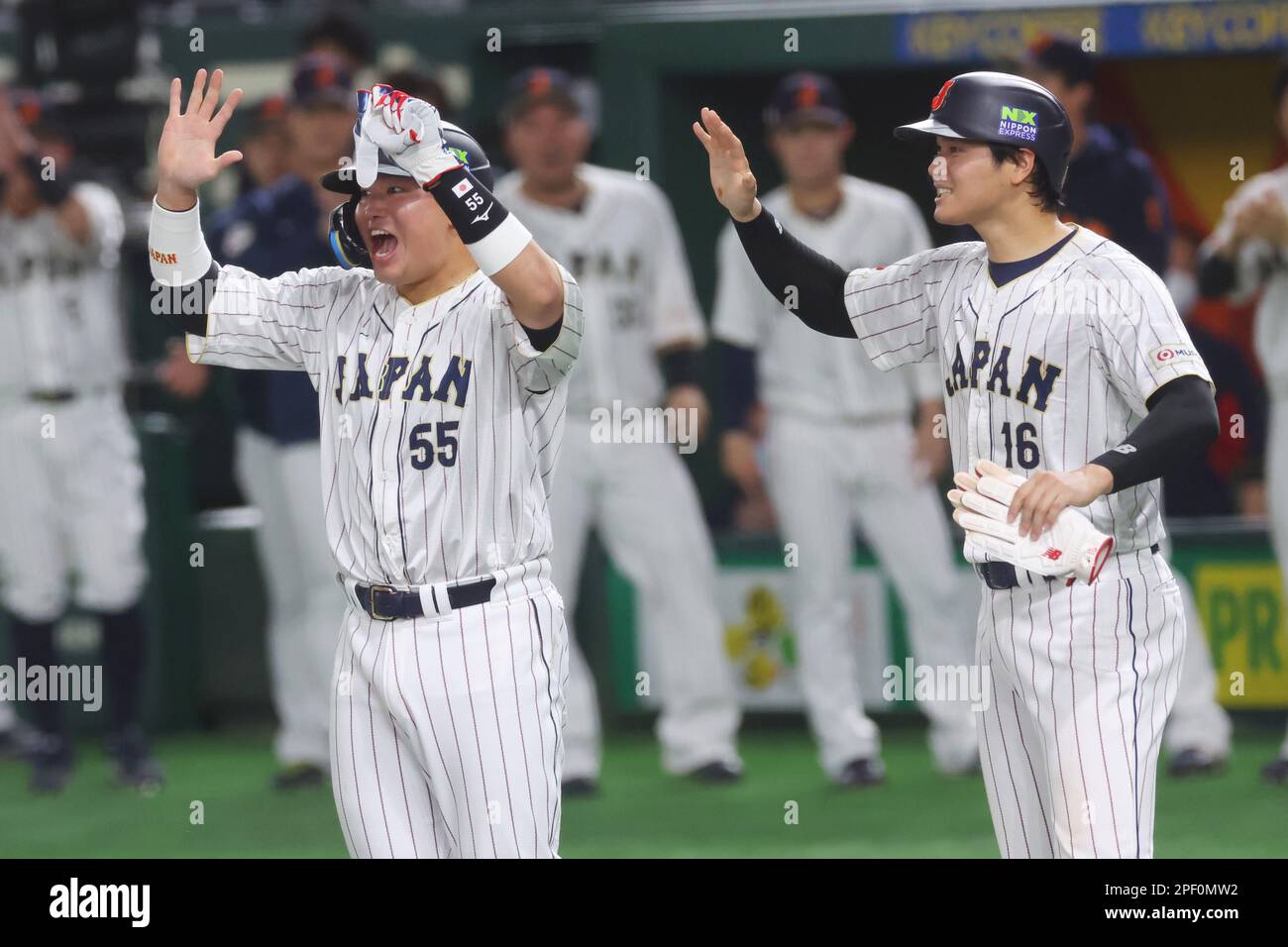 Tokyo, Japan. 16th Mar, 2023. (L to R) Munetaka Murakami, Shohei Ohtani ...