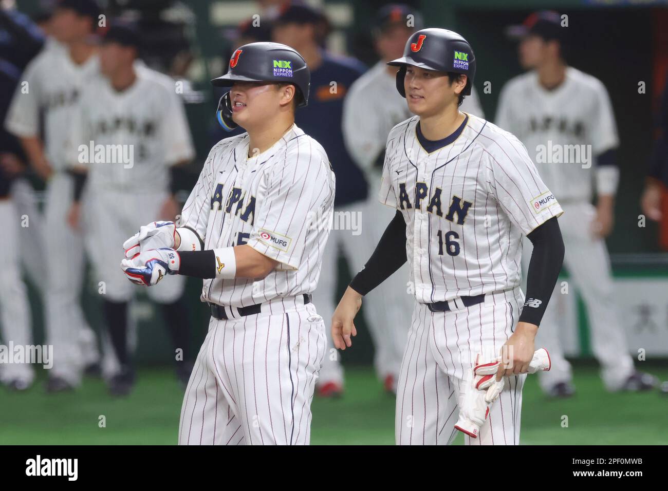 Tokyo, Japan. 16th Mar, 2023. (L to R) Munetaka Murakami, Shohei Ohtani ...