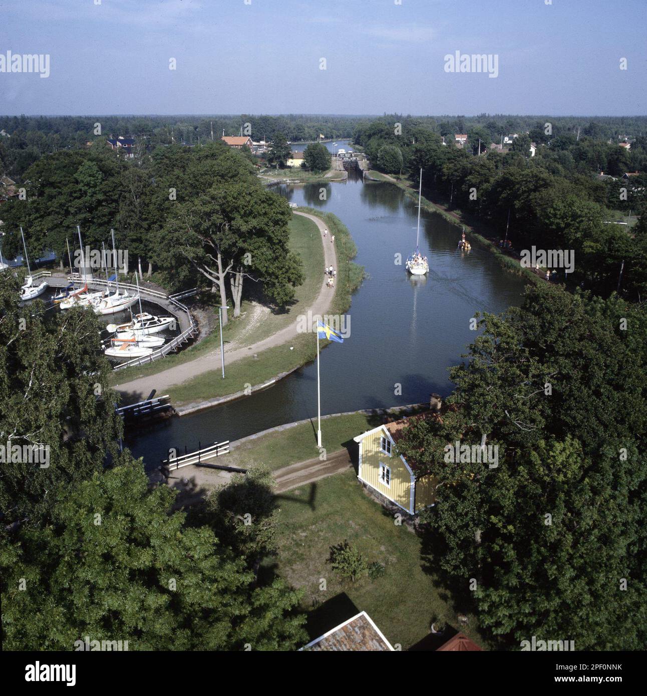 This is an undated aerial view of the Gota Canal, at Sjotorp, Sweden ...