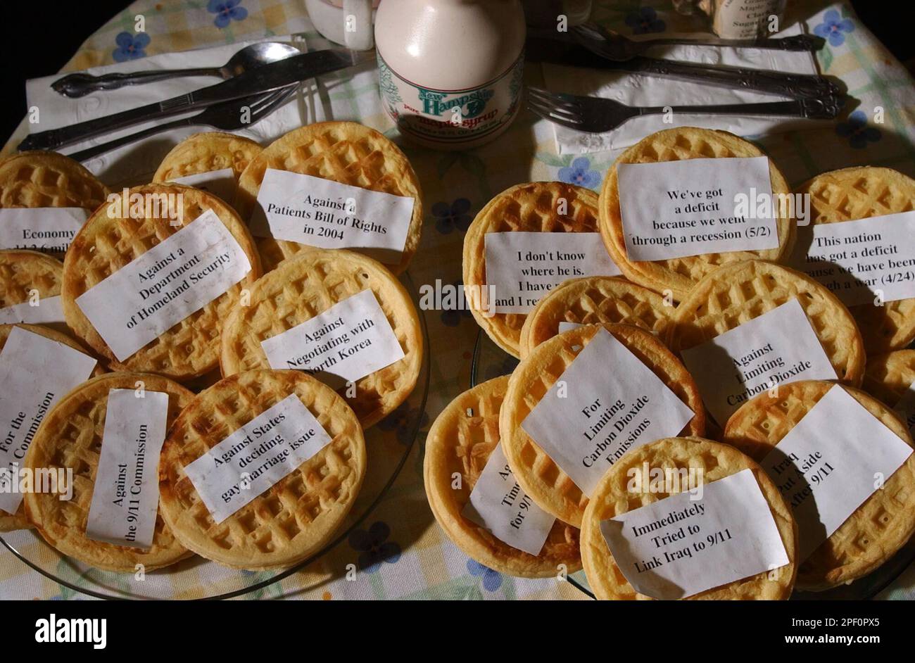 Waffles slogans depicting changes in the Bush administration are shown ...