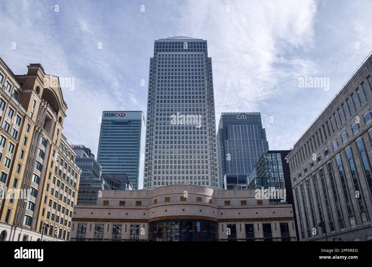 London, UK. 16th Mar, 2023. General view of One Canada Square, HSBC and ...