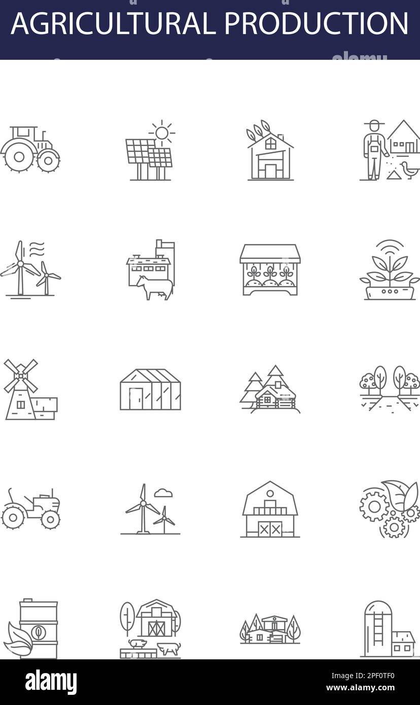Agricultural production line vector icons and signs. Crops, Livestock, Harvest, Irrigation ...