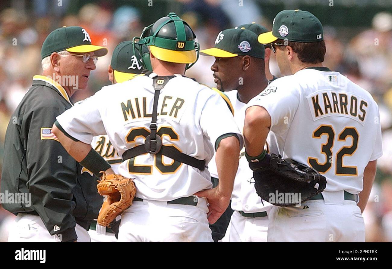 Oakland Athletics manager Ken Macha, left, meets on the mound with ...