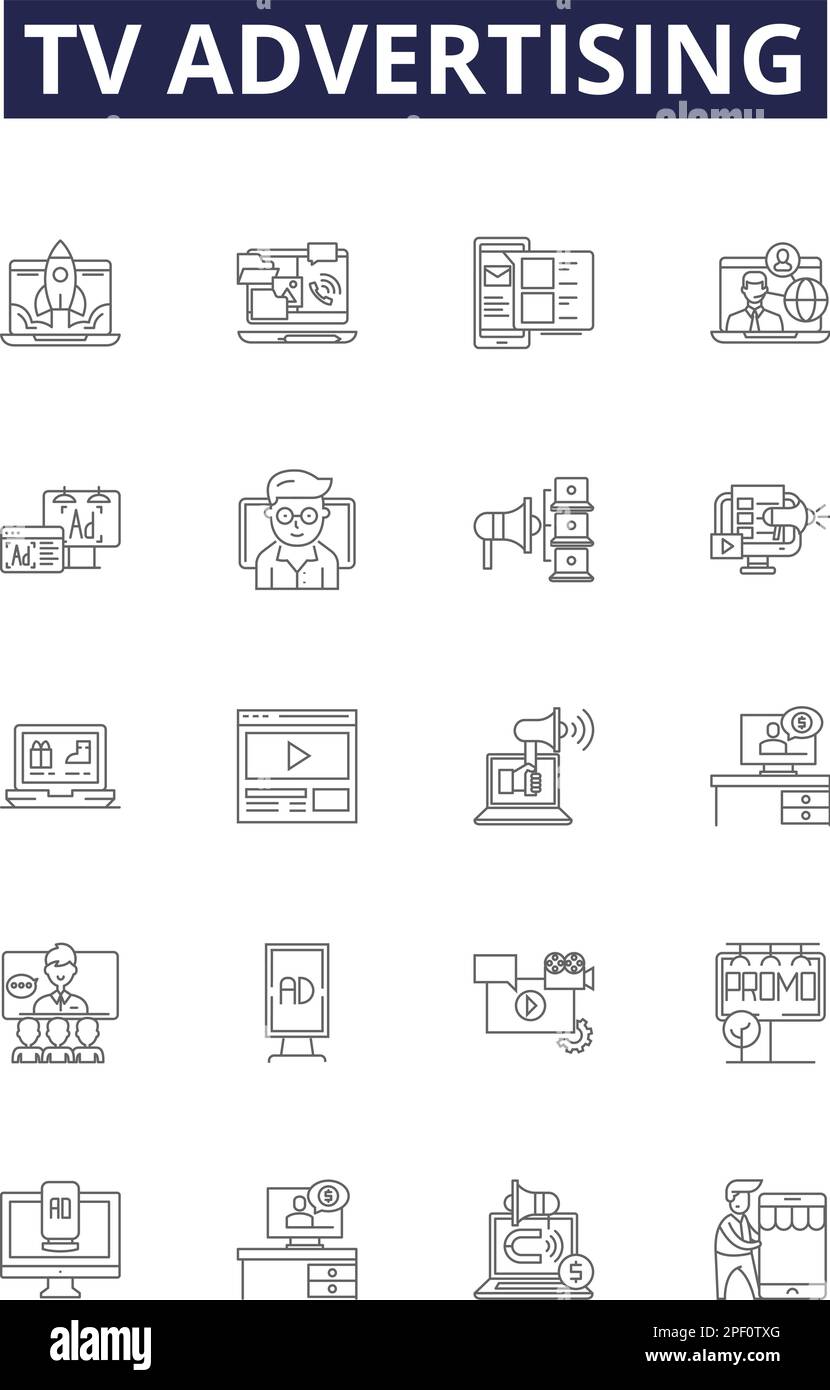 Tv advertising line vector icons and signs. Advertising, Broadcast ...