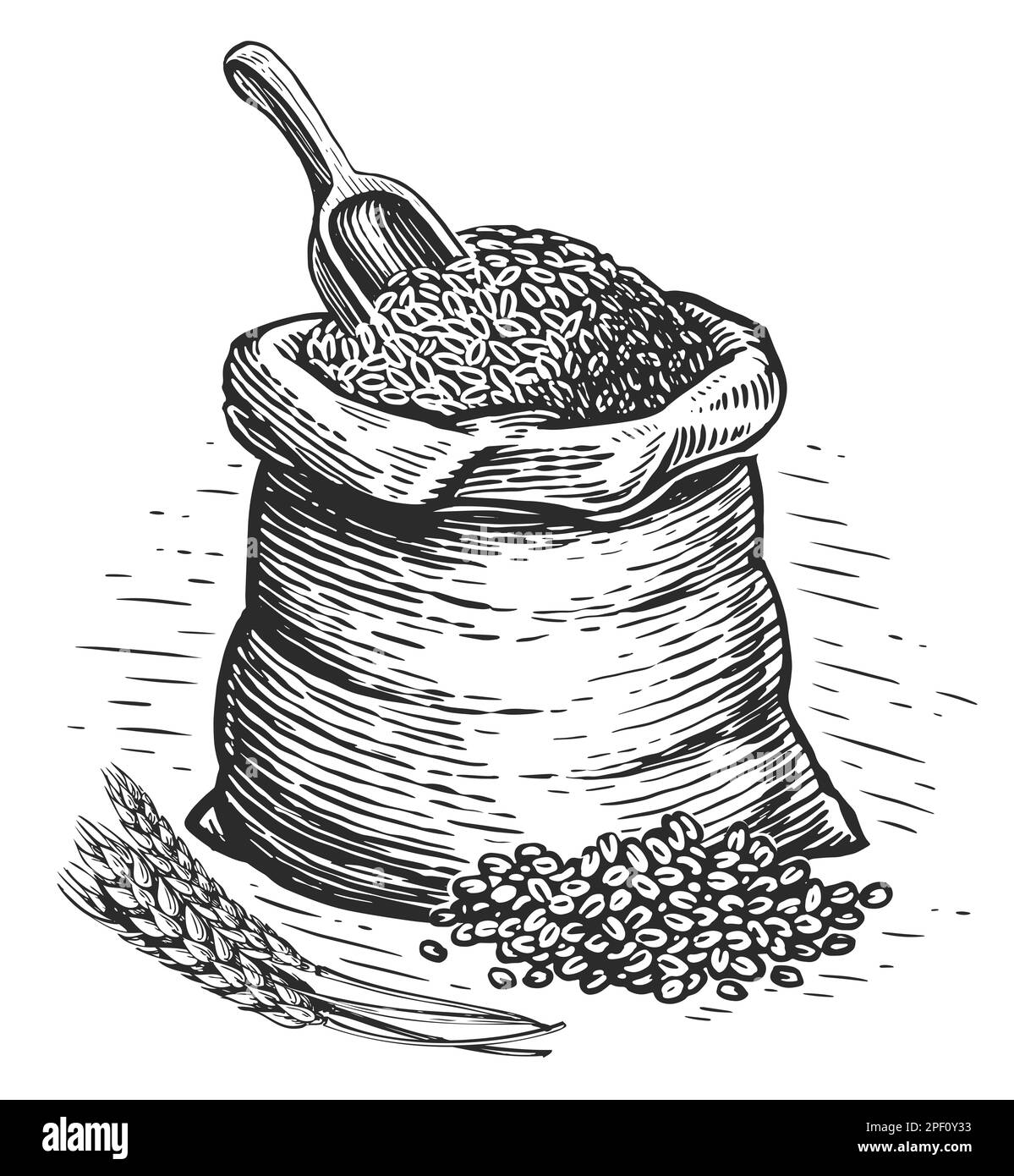 Sack full of wheat grains, sketch. Farm organic food, bread baking ...