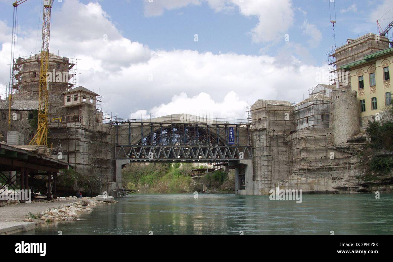 A view of the Old Bridge under reconstruction in Mostar, Friday, April ...