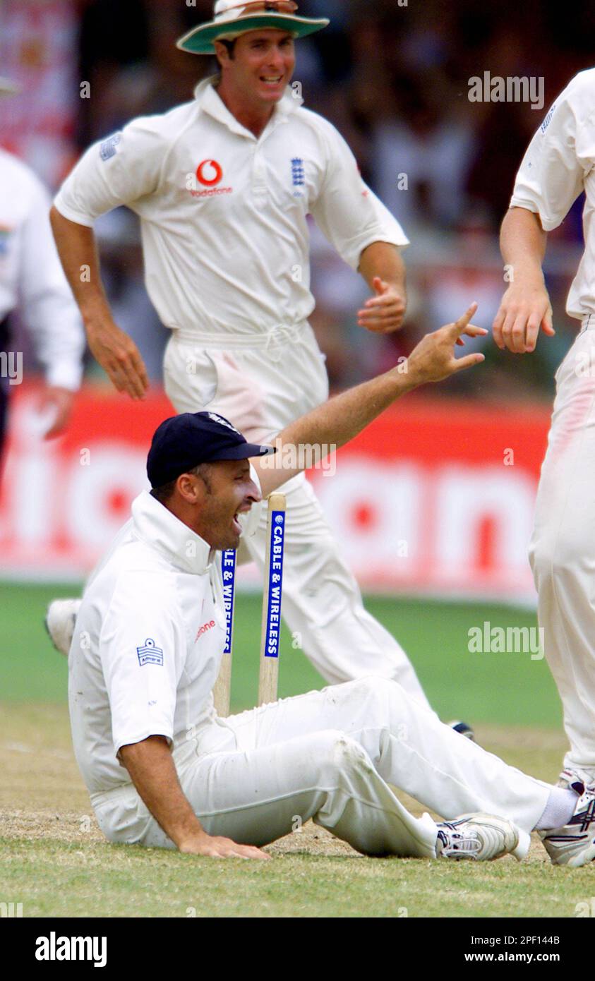 Nasser Hussain of England celebrates after he run-out Pedro Collins of ...
