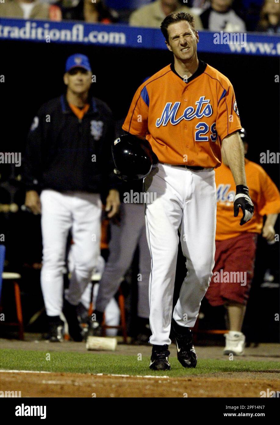 New York Mets pitcher Steve Trachsel reacts after being hit with a ...