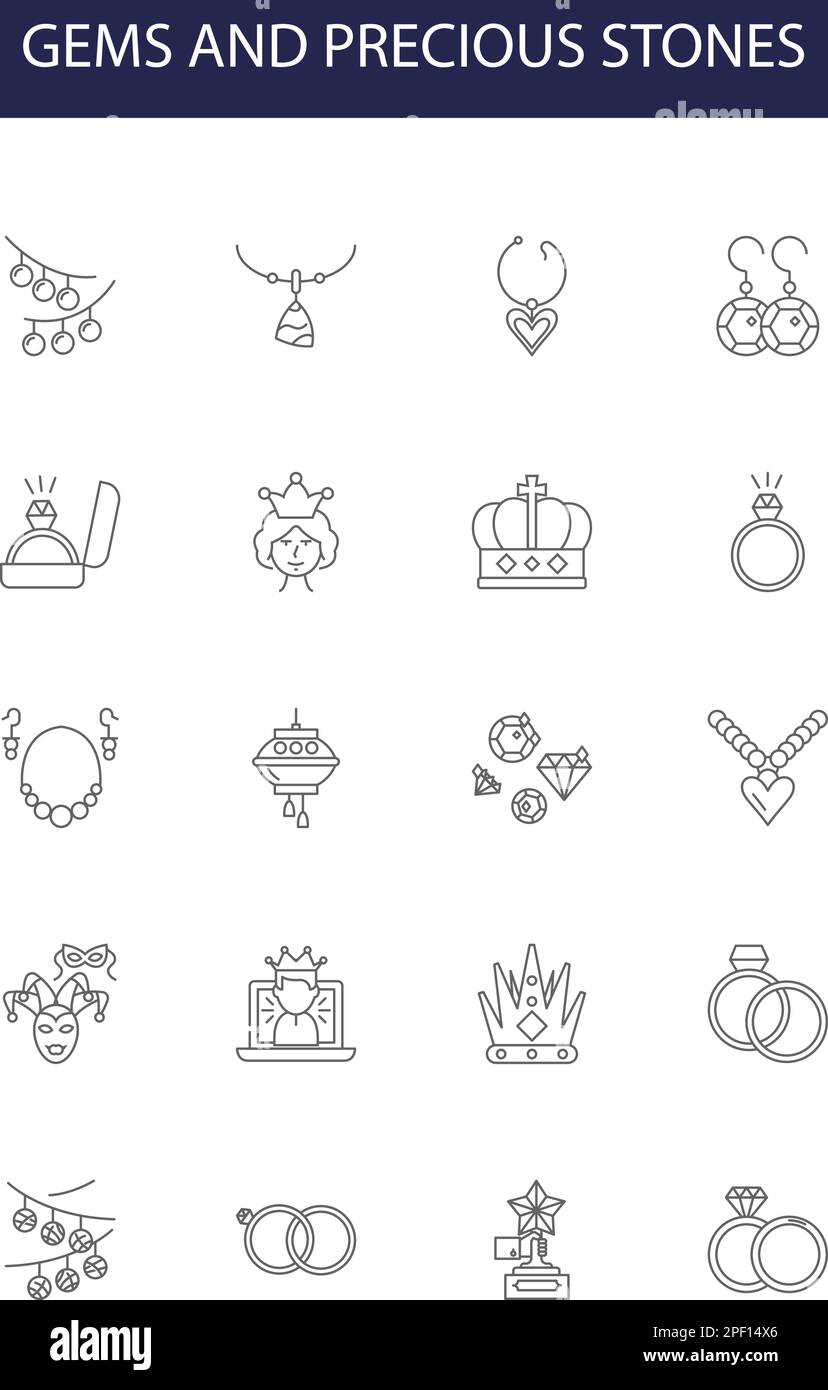 Gems and precious stones line vector icons and signs. Rubies, Sapphires ...