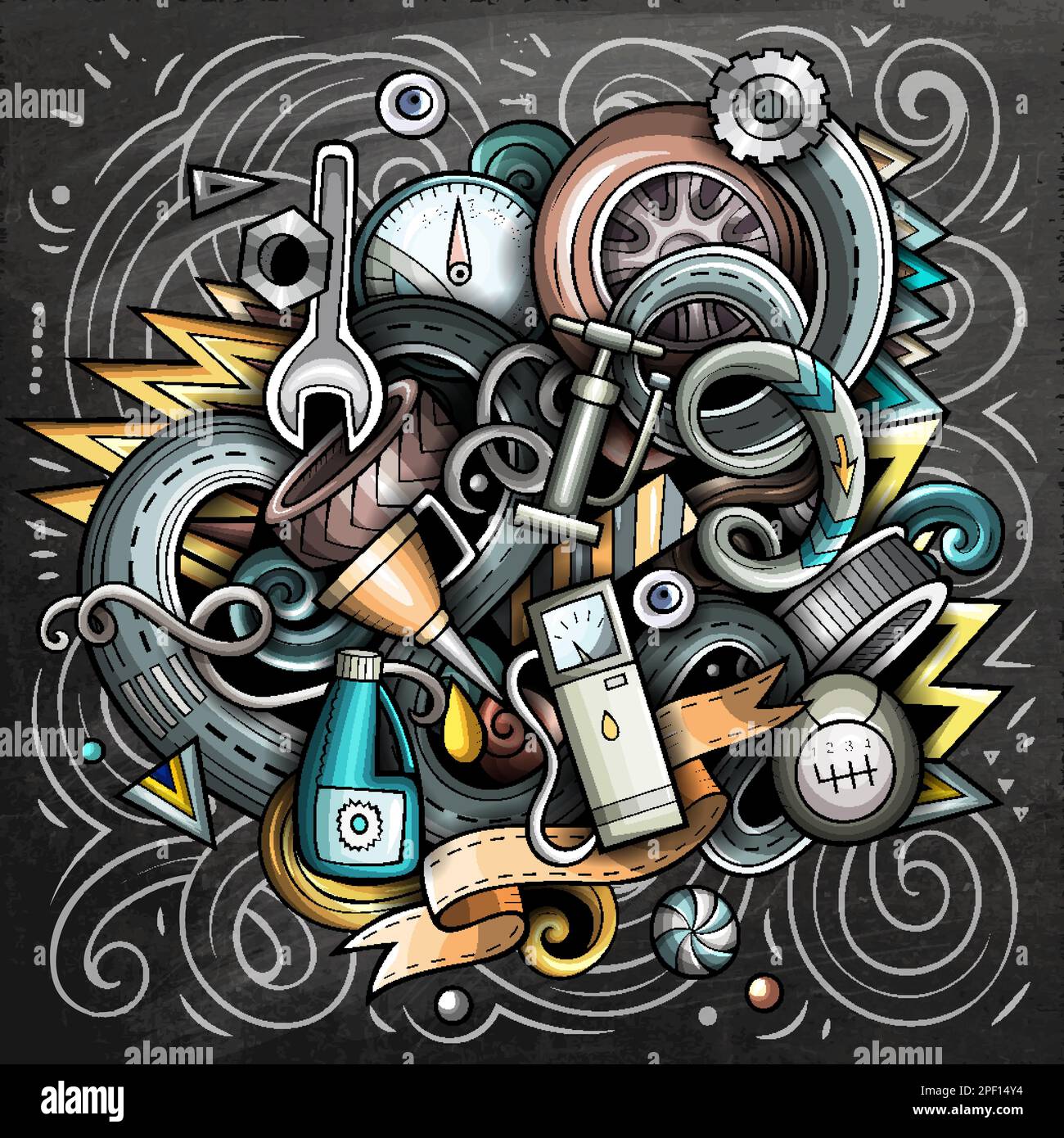 Auto Service cartoon vector illustration. Chalkboard detailed ...