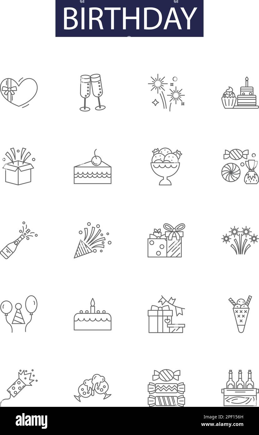 Birthday line vector icons and signs. Cake, Gift, Celebrate, Reflection ...