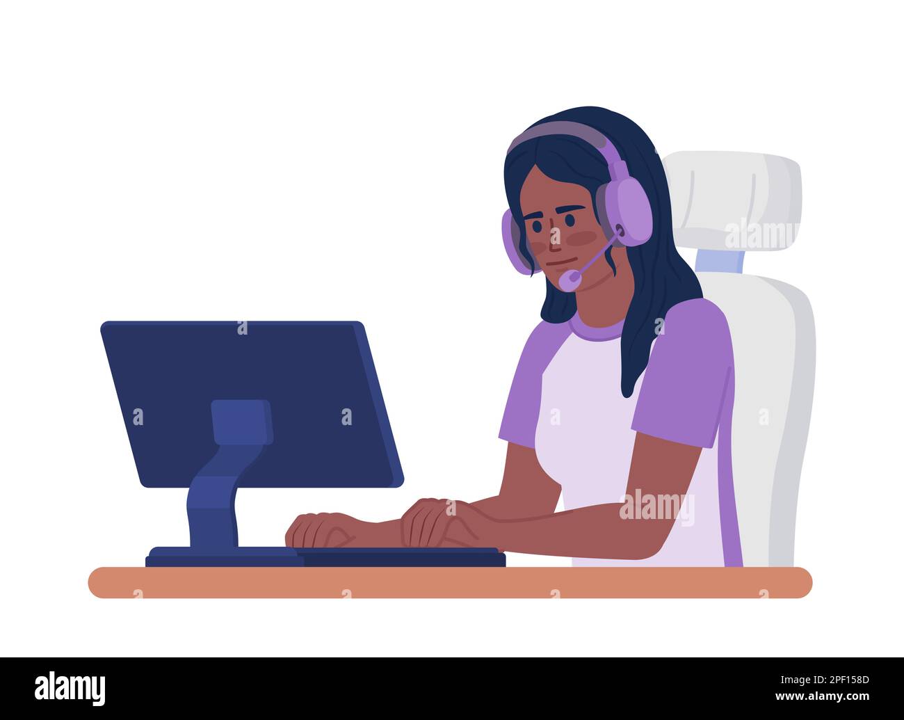 Headphones woman typing typing on keyboard semi flat color vector ...