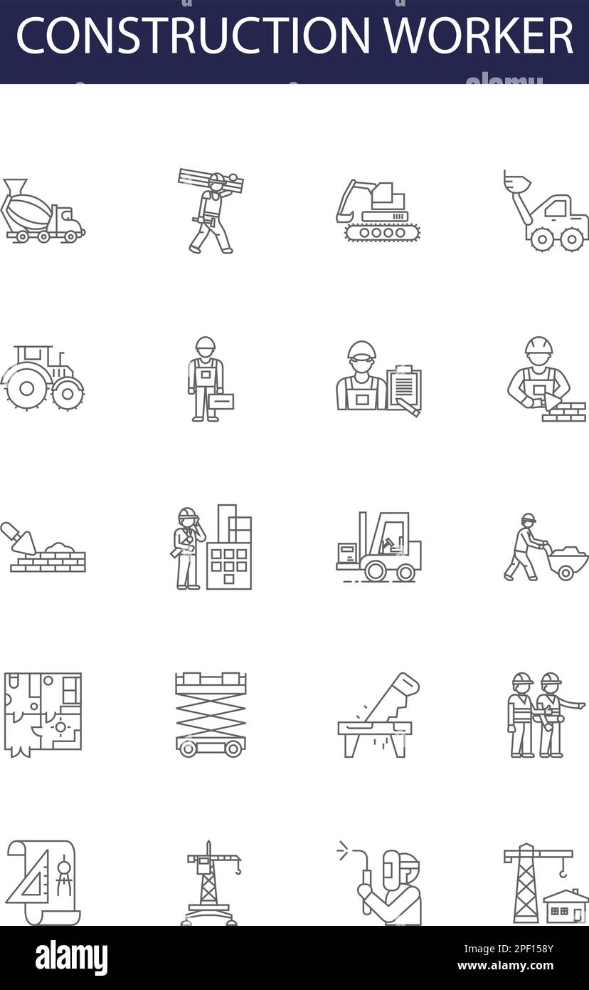 Construction worker line vector icons and signs. Mason, Carpenter ...