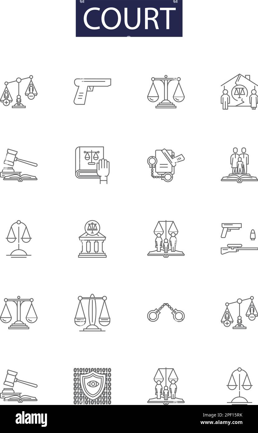 Court line vector icons and signs. Judge, Jurisdiction, Subpoena ...
