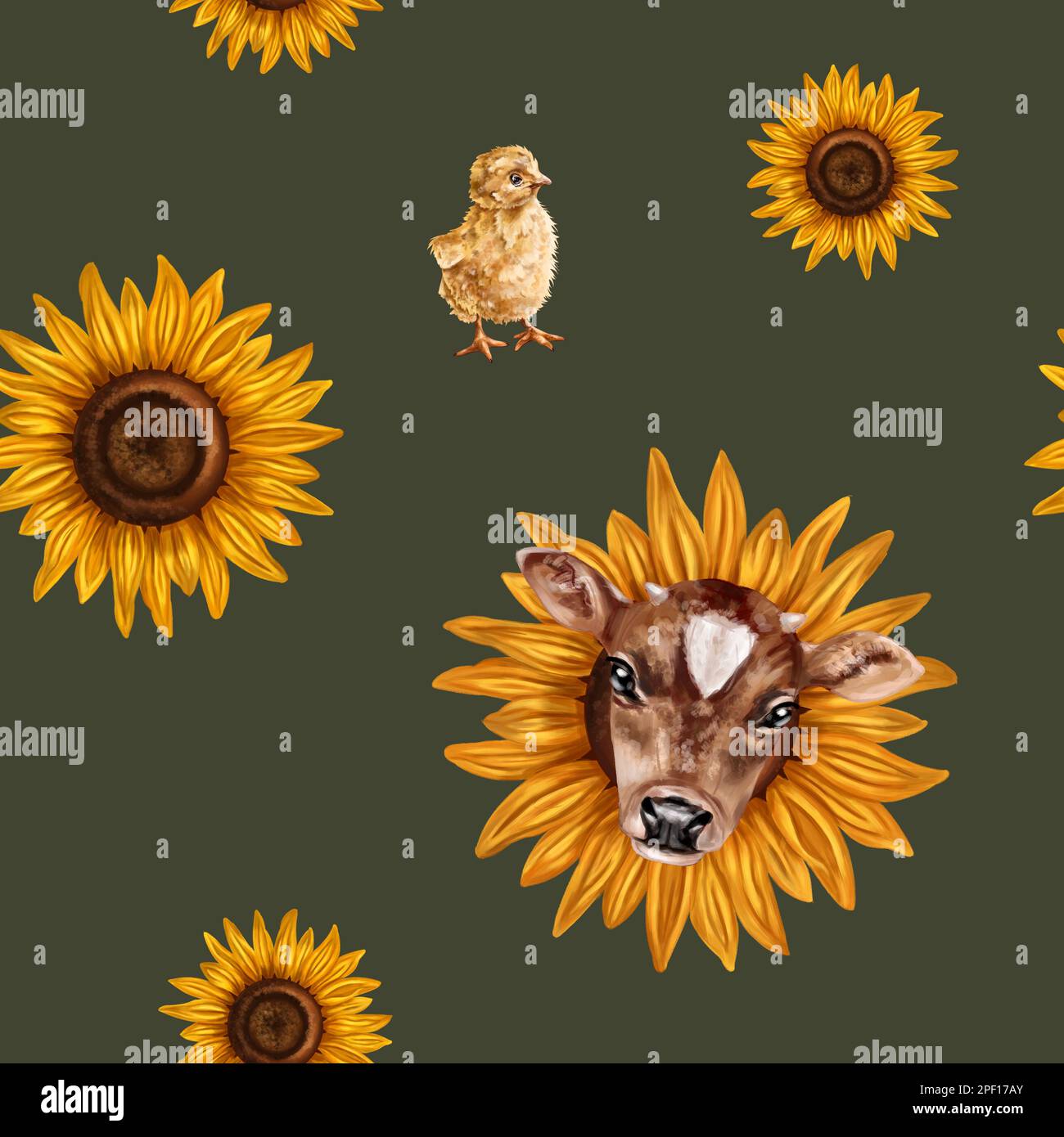 Seamless hand drawn pattern with a calf in a sunflower and a chicken ...