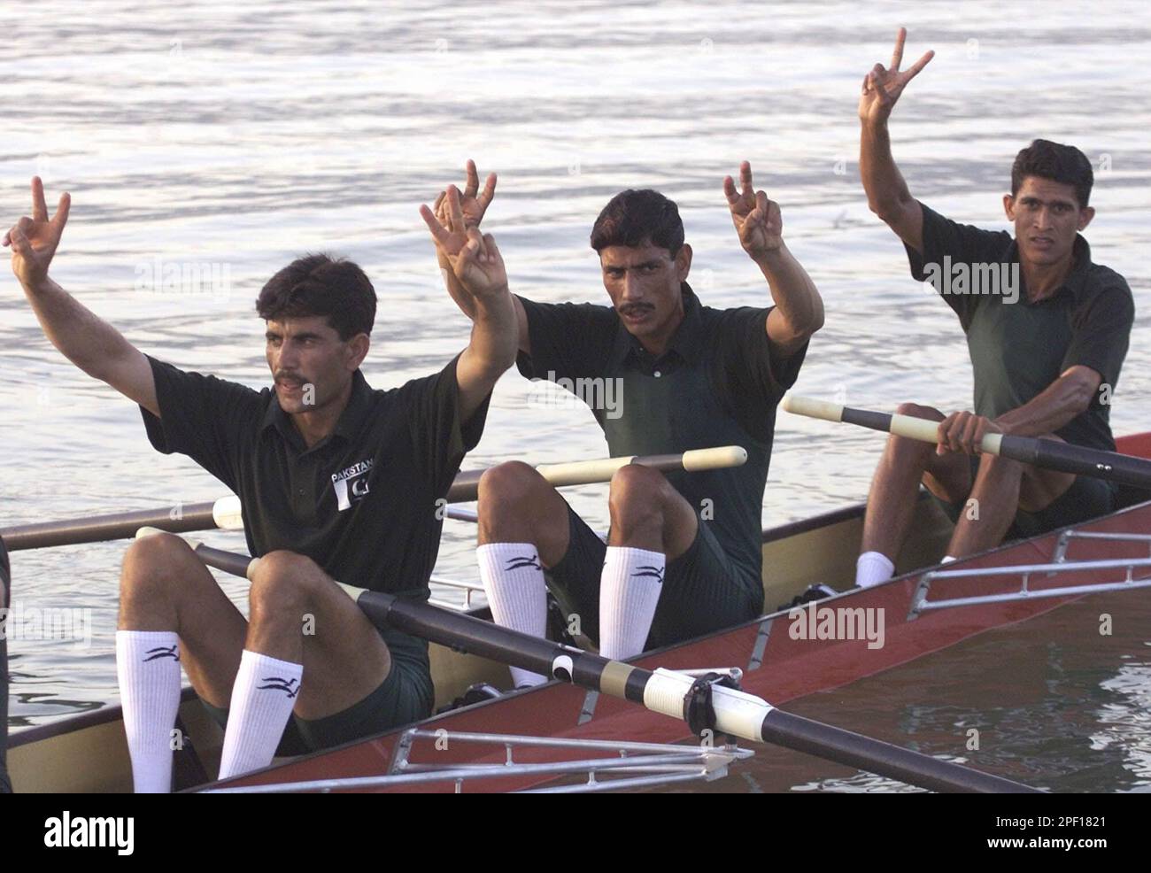 Pakistani rowing players from left, Mohammad Ashiq, Hussain Asjad and ...