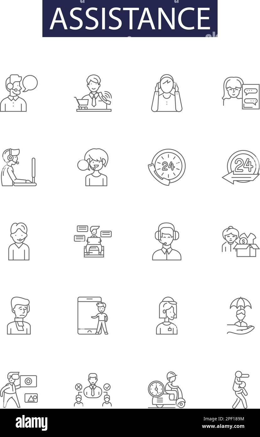 Assistance line vector icons and signs. Aid, Support, Advise ...